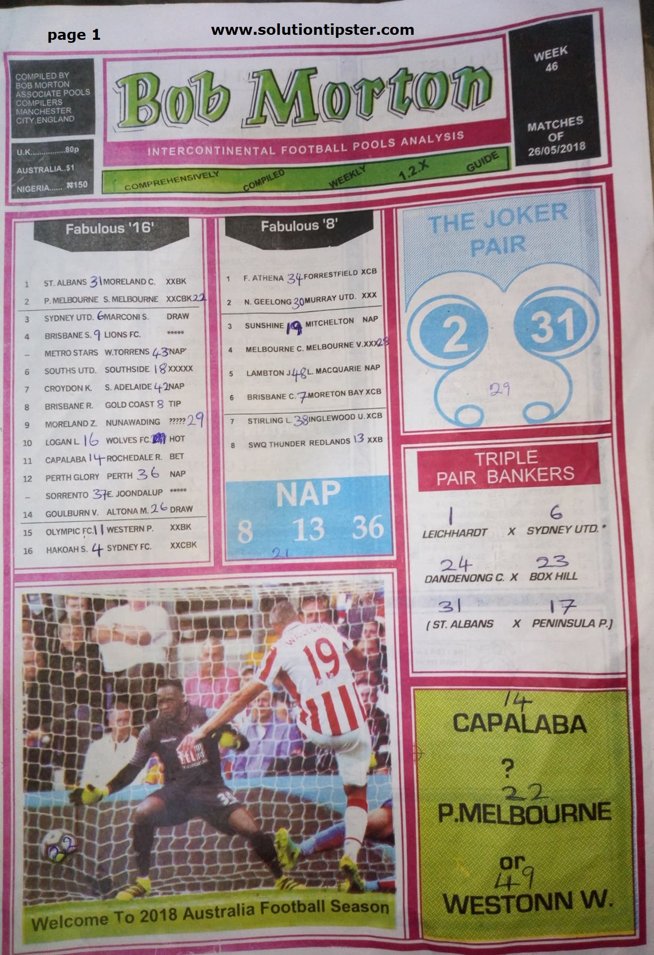 Week 46 Pool RSK Paper 2018: Soccer, Bob Morton, Capital International ...