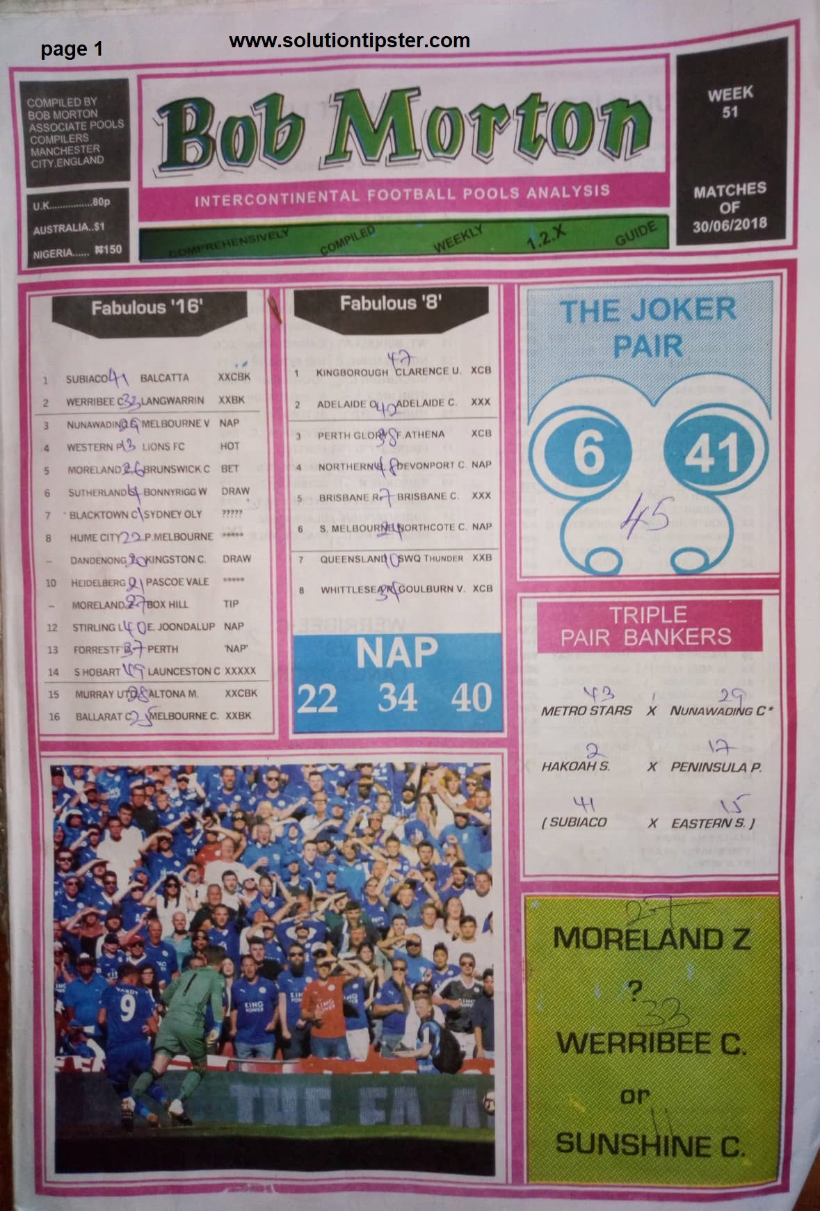 Week 51 Pool RSK Papers 2018: Soccer, Bob Morton, Capital International ...