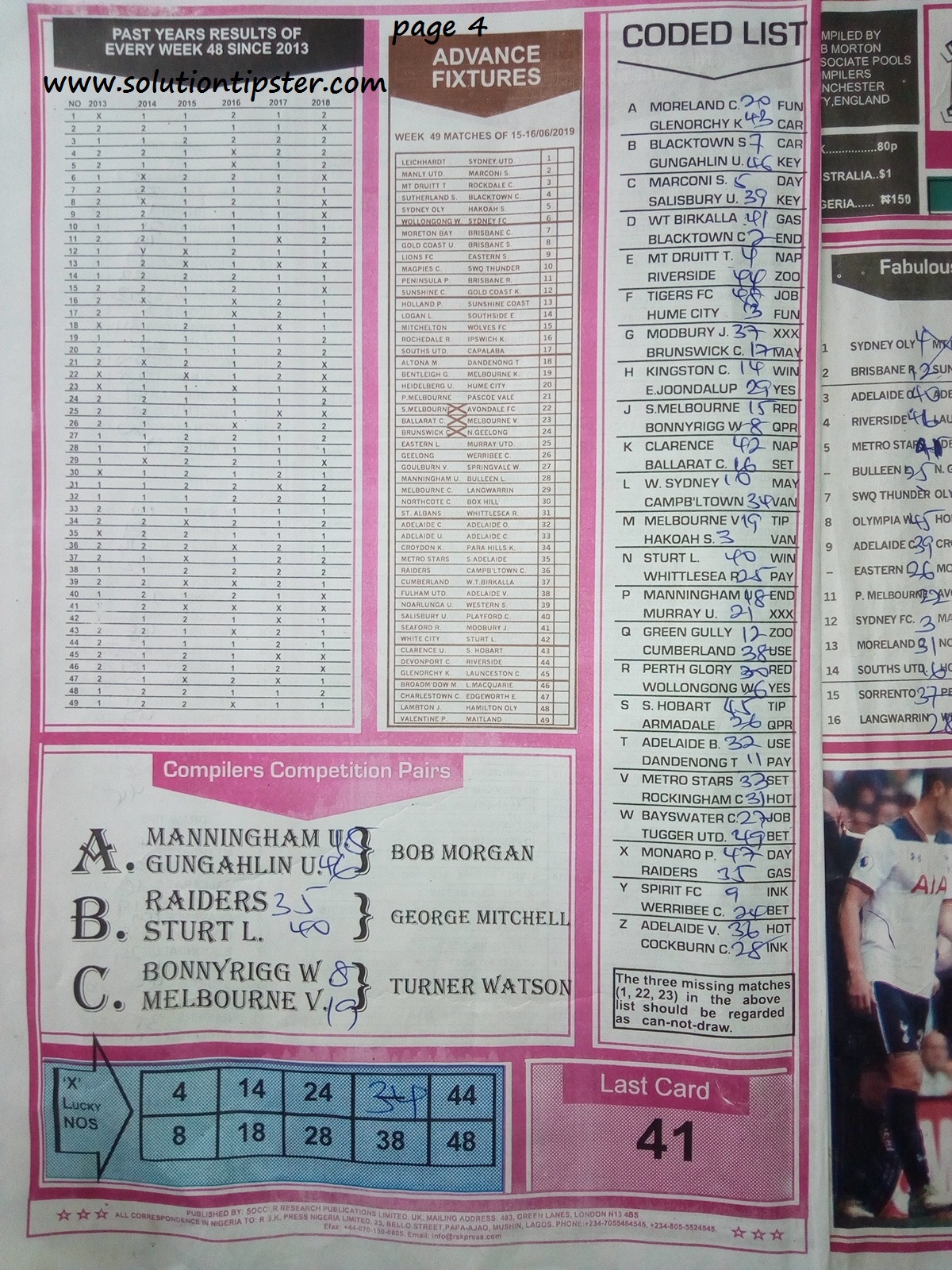 Week 48 Pools RSK Papers 2019: Soccer, Bob Morton, Capital Intl ...