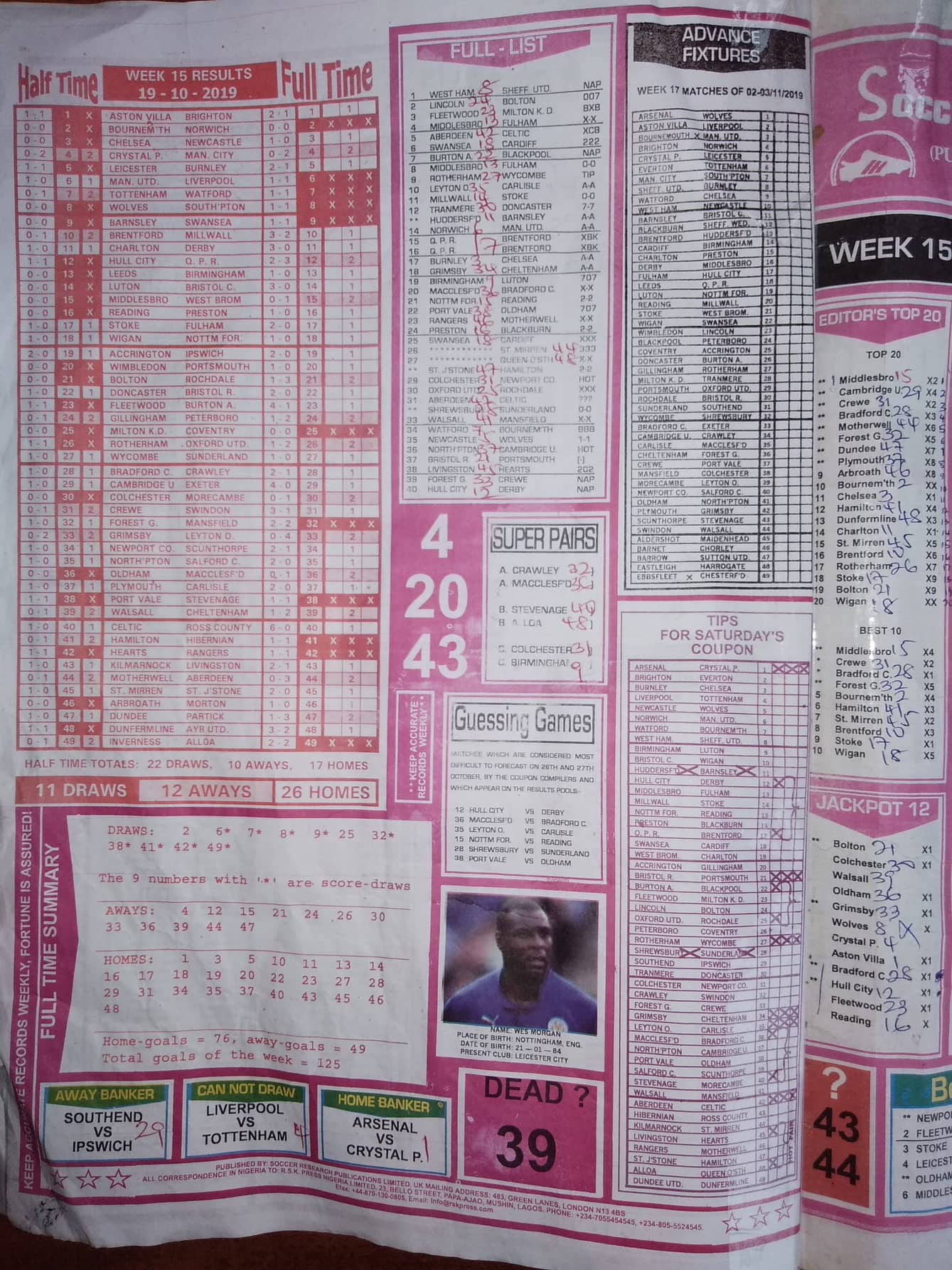 Week 16 Pools RSK Papers 2019: Soccer, Bob Morton, Capital Intl ...