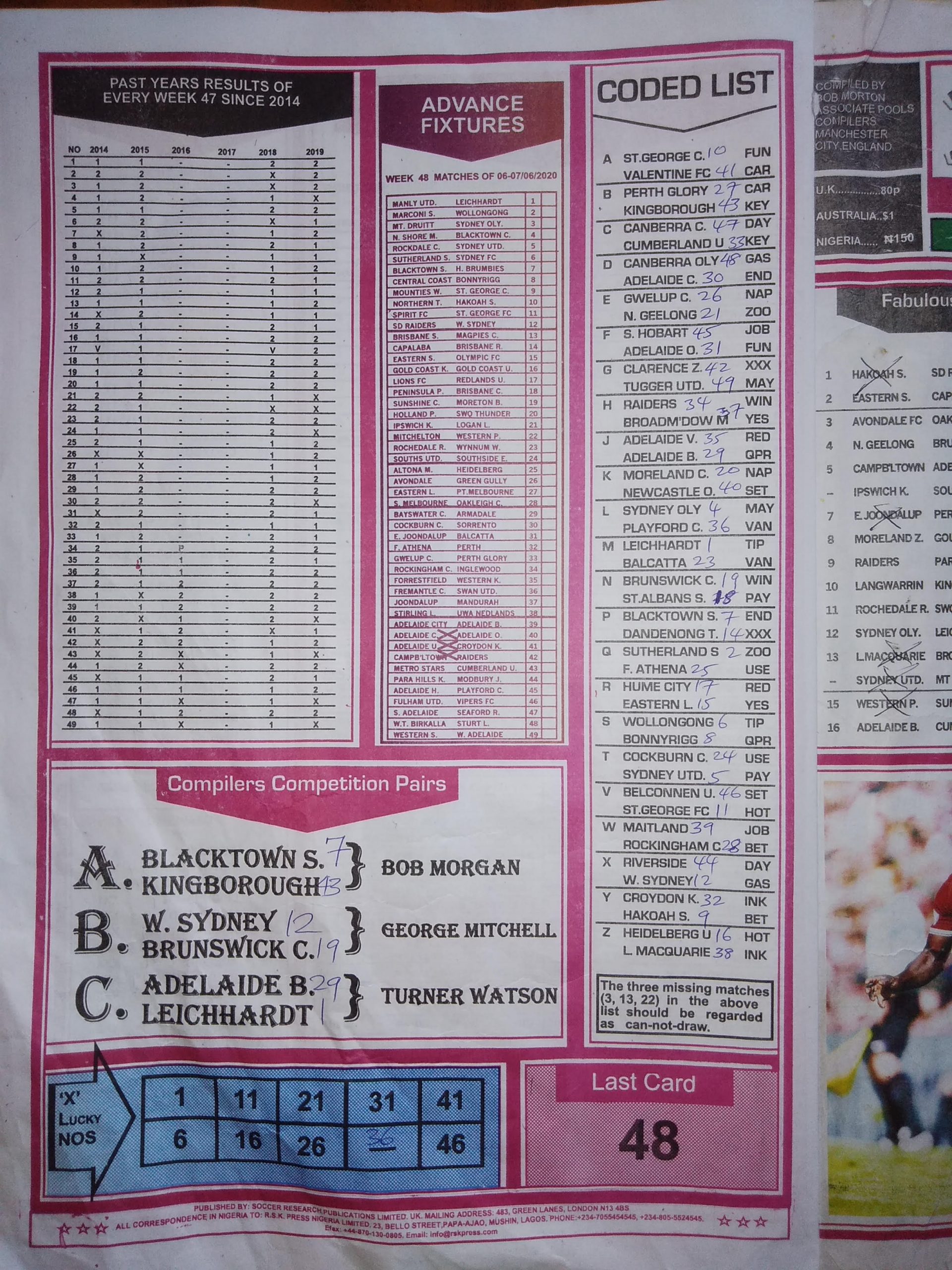 Week 47 Pools RSK Papers 2020: Soccer, Bob Morton, Capital Intl ...