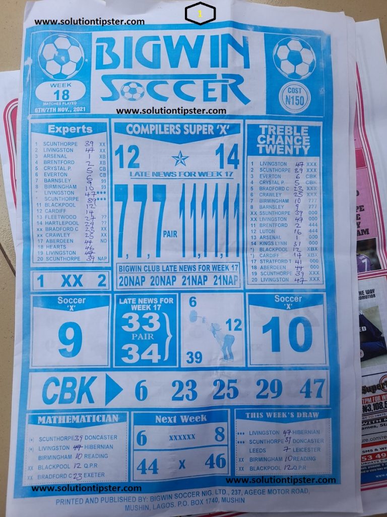 Week 18 Pools RSK Papers 2021: Soccer, Bob Morton, Capital Intl, Winstar, BigWin - SolutionTipster