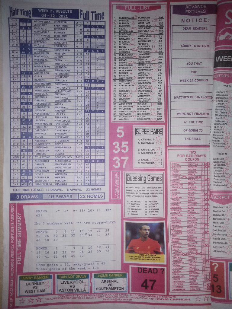 Week 23 Pools RSK Papers 2021: Soccer, Bob Morton, Capital Intl ...