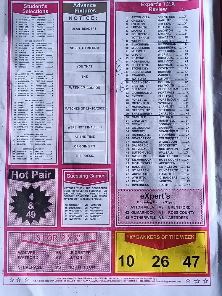 Week 16 Pools RSK Papers 2022: Soccer, Bob Morton, Capital Intl ...