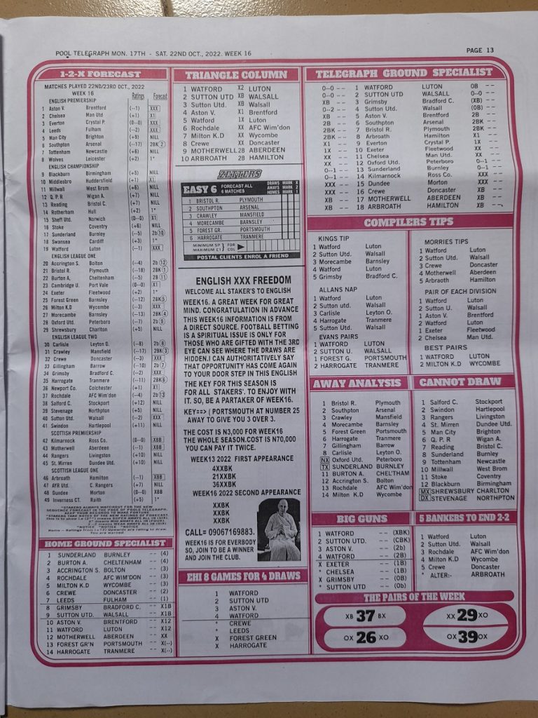 Week 16 Pools RSK Papers 2022: Soccer, Bob Morton, Capital Intl ...