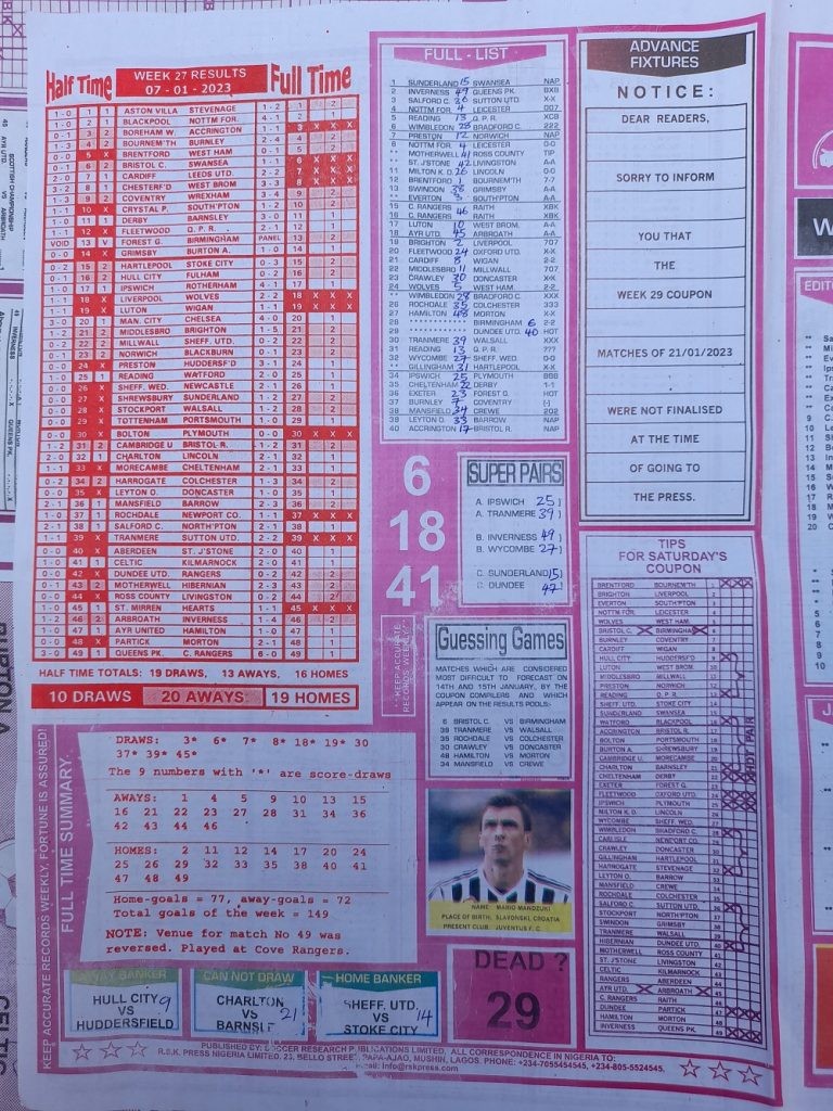 Week 28 Pools RSK Papers 2023: Soccer, Bob Morton, Capital Intl ...