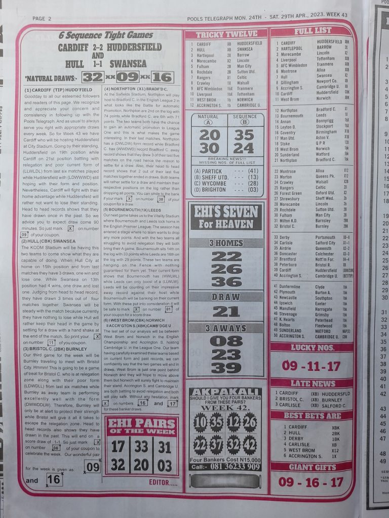 Week 43 Pools RSK Papers 2023: Soccer, Bob Morton, Capital Intl ...