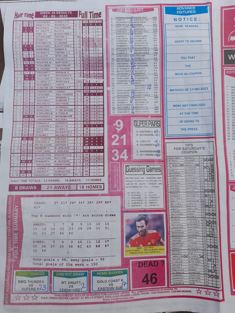 Week 49 Pools RSK Papers 2023: Soccer, Bob Morton, Capital Intl ...