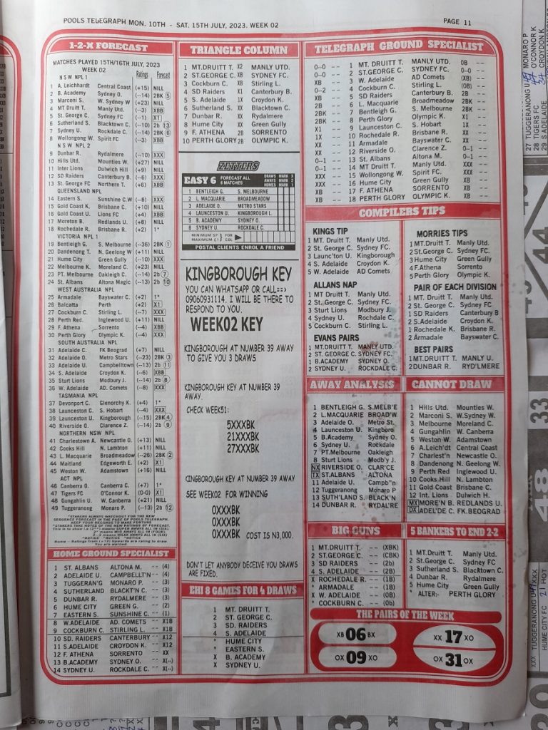 Week 2 Pools RSK Papers 2023: Soccer, Bob Morton, Capital Intl, Winstar ...