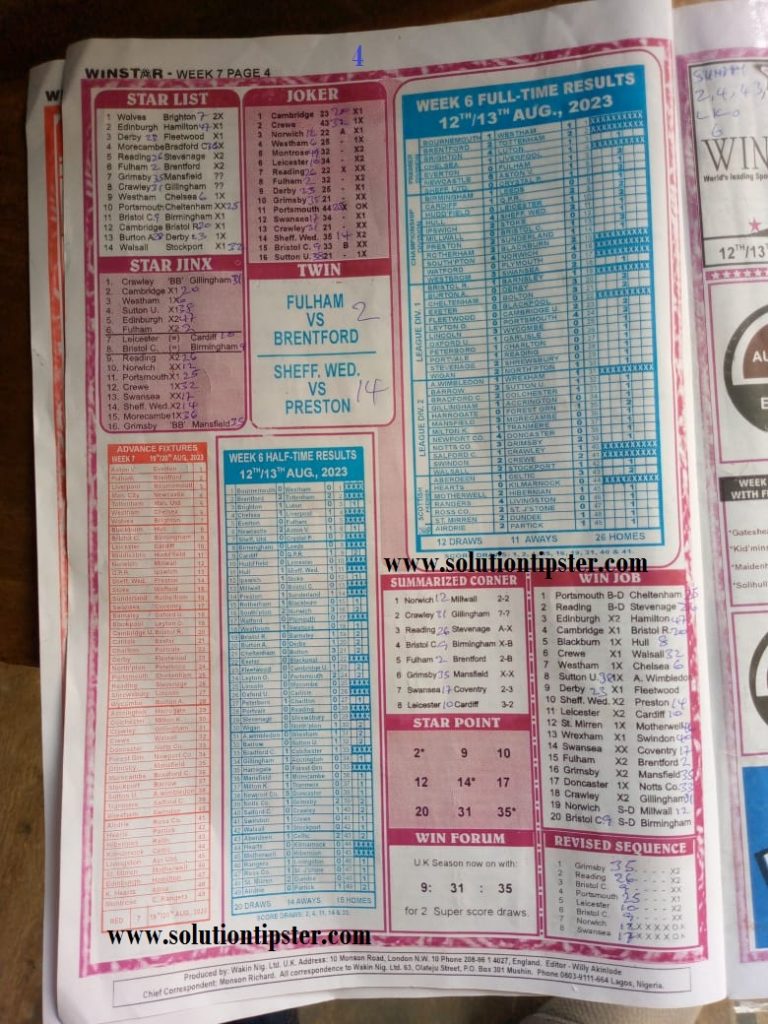 Week 7 Pools RSK Papers 2023: Soccer X Research, Bob Morton, Capital Intl, Winstar, BigWin ...