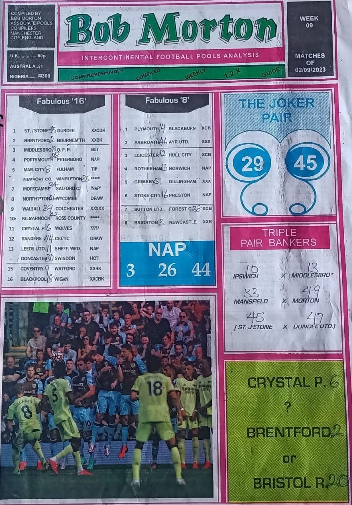 Week 9 Pools RSK Papers 2023: Soccer X Research, Bob Morton, Capital Intl, Winstar, BigWin ...