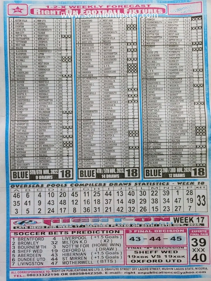 Week 18 Pools RSK Papers 2025: Soccer X Research, Bob Morton, Capital Intl, Winstar, BigWin ...