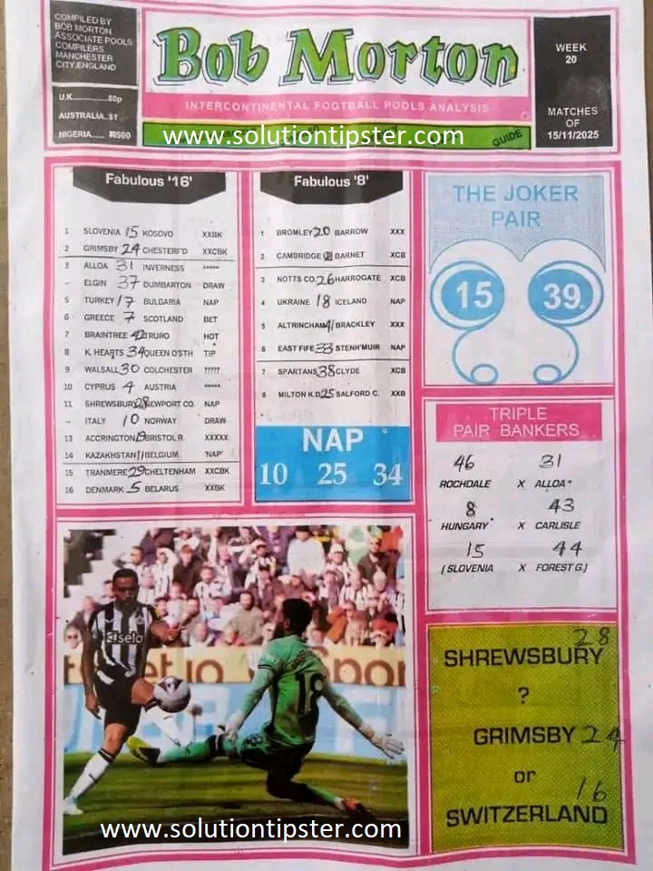 Week 20 Pools RSK Papers 2025: Soccer X Research, Bob Morton, Capital Intl, Winstar, BigWin ...