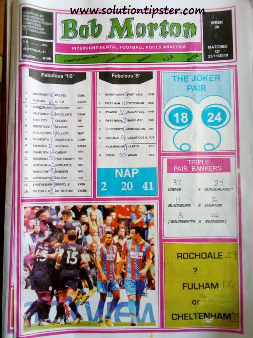 Week 20 Pools RSK Papers 2019: Soccer, Bob Morton, Capital Intl ...